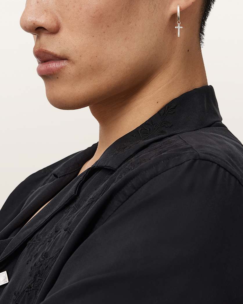 Gabe Cross Slim Huggie Earrings WARM SILVER | ALLSAINTS